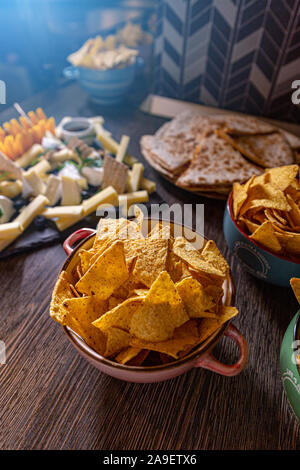 Savory snack party food selection in square porcelain bowls Stock Photo ...