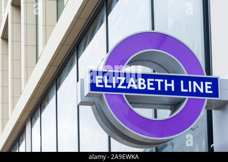 Elizabeth Line signage at Farringdon Crossrail Station, London, England ...