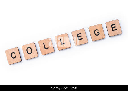 The word COLLEGE, spelt with wooden letter tiles over a white ...