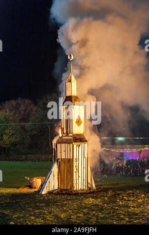 Bonfire Night 2019, Presteigne, Powys. A bonfire built in the shape of ...