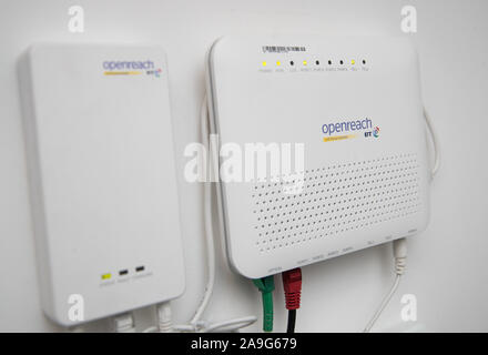 A BT Openreach fibre modem inside a residential property as shares in ...