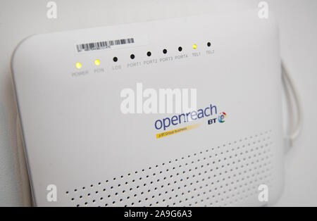 A BT Openreach fibre modem inside a residential property as shares in ...