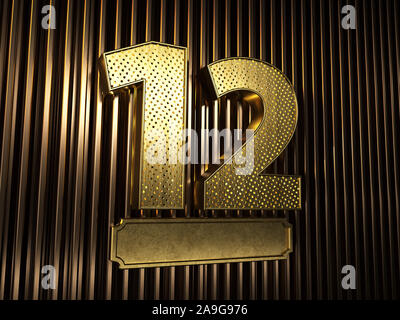 Gold number 12 (number twelve) with perforated black metal background ...