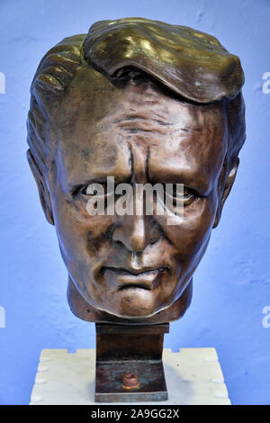 A bronze bust of actor Patrick McGoohan is on display in Portmeirion ...