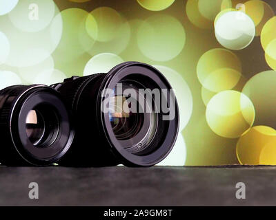 Three of lens to camera put in row. dslr camera lens with bokeh ...