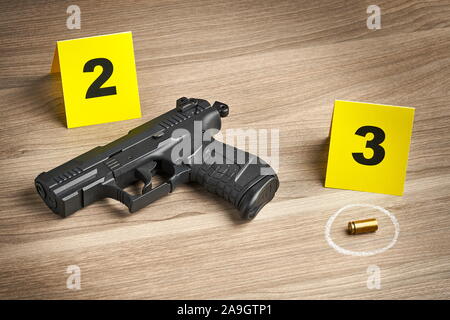 Evidence Markers at Handgun Murder Crime Scene Stock Photo - Alamy