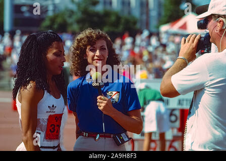Florence Griffith Joyner being interviewed by Kathrine Switzer of ABC ...