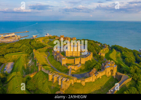 Aerial image of Dover Castle over the white Cliff of Dover, Kent ...