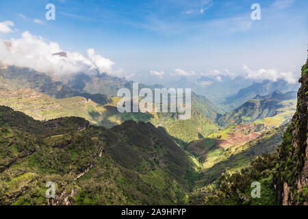 Ethiopia. Amhara. North Gondar. View of farms and a village in the ...