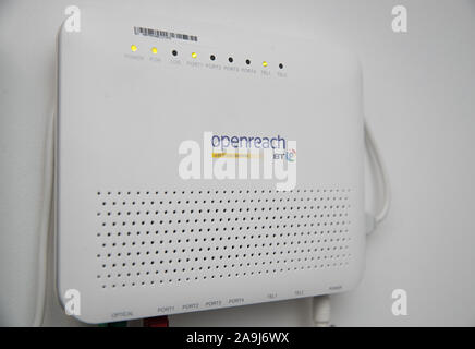 A BT Openreach fibre modem inside a residential property as shares in ...