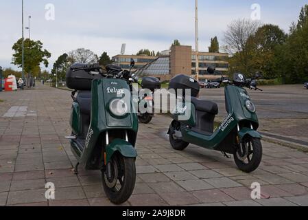 Felyx! e-scooters parked on the pavement on Avenue Houba de Strooper ...