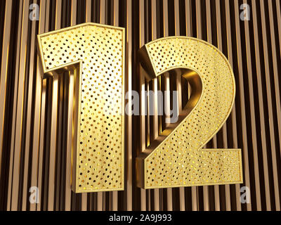 Gold number 12 (number twelve) with perforated black metal background ...