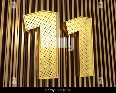 Gold number 11 (number eleven) with perforated black metal background ...