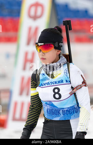 Korean sportswoman biathlete Lee Hyunju South Korea skiing in stadium ...