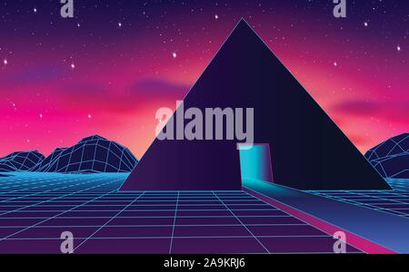 Ancient mysterious pyramid in 80s styled neon landscape with purple sky ...
