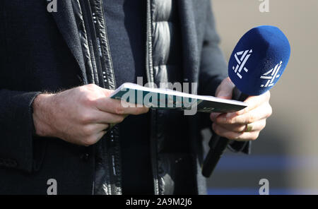 A presenter holds a Channel 4 branded microphone before the Pool Three ...
