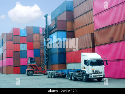 Container handlers. Forklift truck in shipping yard. Industrial ...