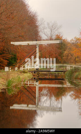 Small wooden drawbridge over a canal in an autumnal landscape near ...