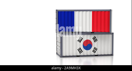 Two freight container with France and South Korea flag. 3D Rendering ...