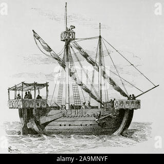 Navigation history. 14th century. Europe. Merchant vessel. Engraving ...