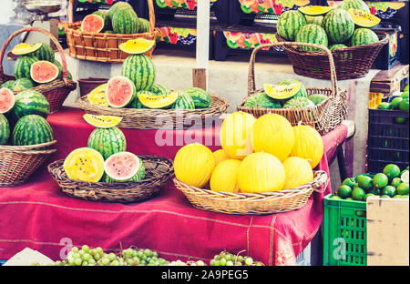various colorful fresh fruits watermelons in the fruit market, Catania ...