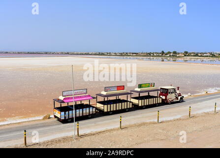Tourist train visiting the salt lakes at the Torrevieja salt works ...