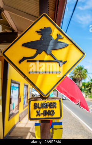 SURFER CROSSING SIGN HALEIWA NORTH SHORE OAHU HAWAII USA Stock Photo ...