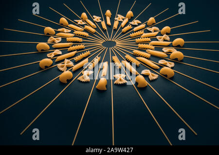 Different type of pasta arranged in form of circle. Uncooked pasta ...