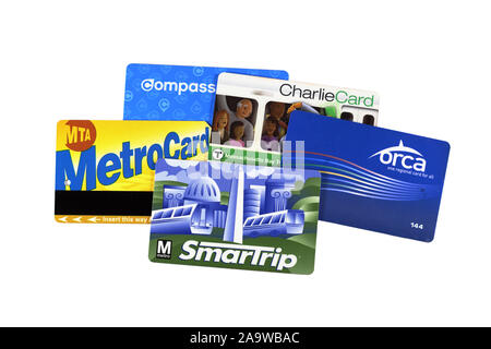 Rechargeable regional transit fare cards in North America isolated on a ...