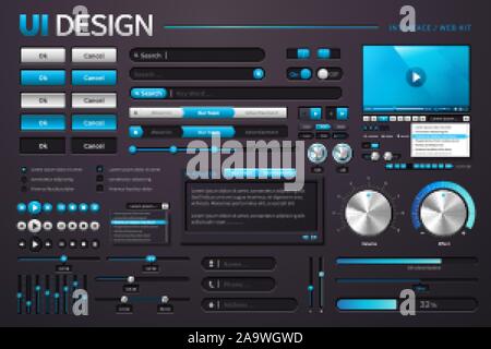 Cool UI design with different buttons in black and blue tone, 3d ...
