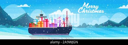 container cargo ship with gift present boxes logistic sea ocean ...