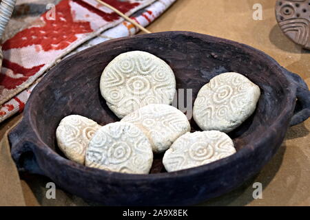 Close view of a "Pintadera", a form of stamp used in Sardinia to mark ...