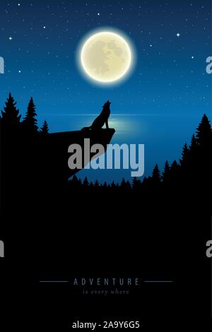 wolf howls to the full moon in forest on mountain landscape Stock ...