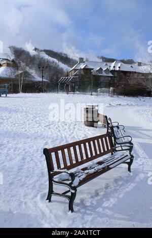 Snowy park scene with bench and foggy background, Borken, Muensterland ...