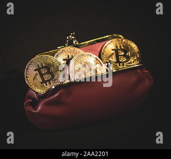 The golden bitcoins in leather wallet Stock Photo - Alamy