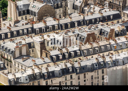 Aerial view of the zinc roofs and chimneys of Paris from Notre Dame ...