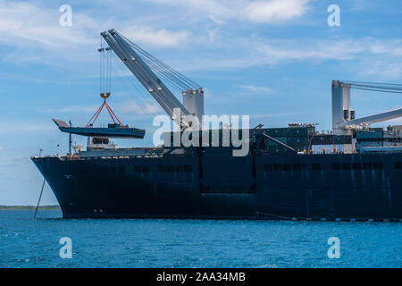 An Improved Navy Lighterage System (INLS) causeway ferry approaches the ...