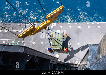 An Improved Navy Lighterage System (INLS) causeway ferry approaches the ...