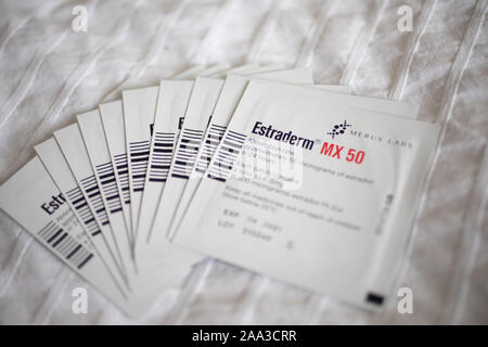 Estraderm hormone replacement therapy (HRT) patches. Box containing ...