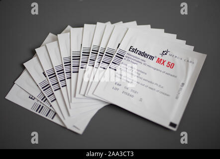 Estraderm hormone replacement therapy (HRT) patches. Box containing ...