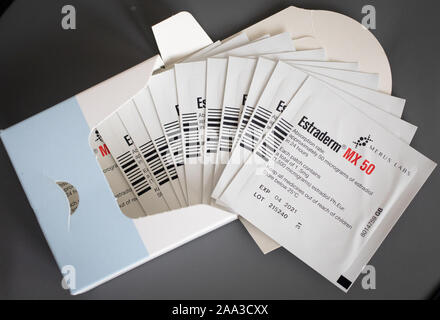 Estraderm hormone replacement therapy (HRT) patches. Box containing ...