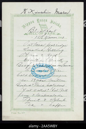 HANDWRITTEN; GREEN BORDER; BREAKFAST [held by] NIPPON YUSEN KAISHA [at ...