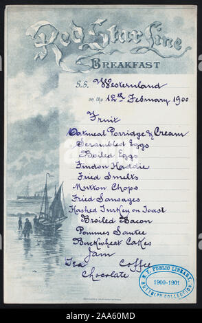 ILLUS, STEAMSHIP IN BG, SAILING SHIPS IN FG; 1900-0860; BREAKFAST [held ...