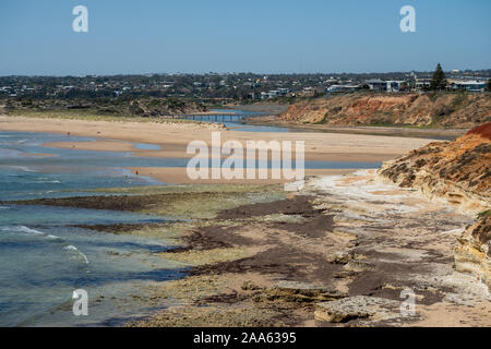 Onkaparinga River on a sunny day with reflections of trees and cliffs ...