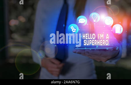 Writing note showing Hello I M A Superhero. Business concept for ...