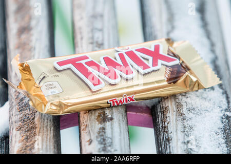 Twix bar, outside, winter, snow in background Stock Photo - Alamy