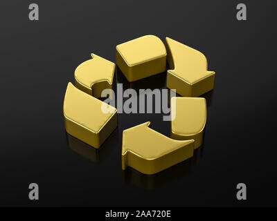 Gold recycle symbol on a black background. 3d illustration Stock Photo ...