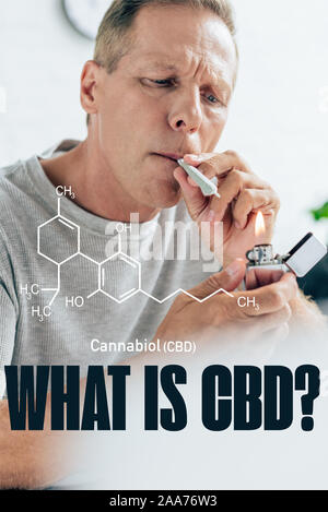 mature man lighting up blunt with medical cannabis at home near CBD ...