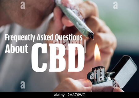 cropped view of man lighting up blunt with medical cannabis near cbd ...