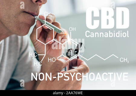 cropped view of man lighting up blunt with medical cannabis near cbd ...